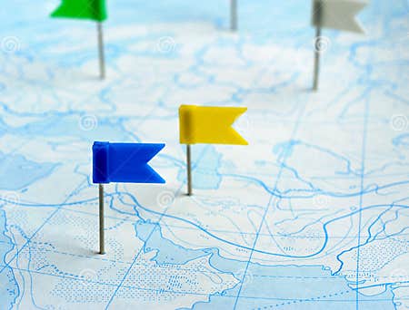 Flag Blue and Yellow a Pin on Map Stock Photo - Image of locate ...