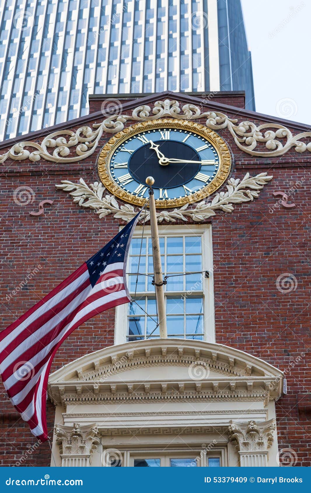 Flag and Clock on Old State House in Boston Stock Image - Image of ...