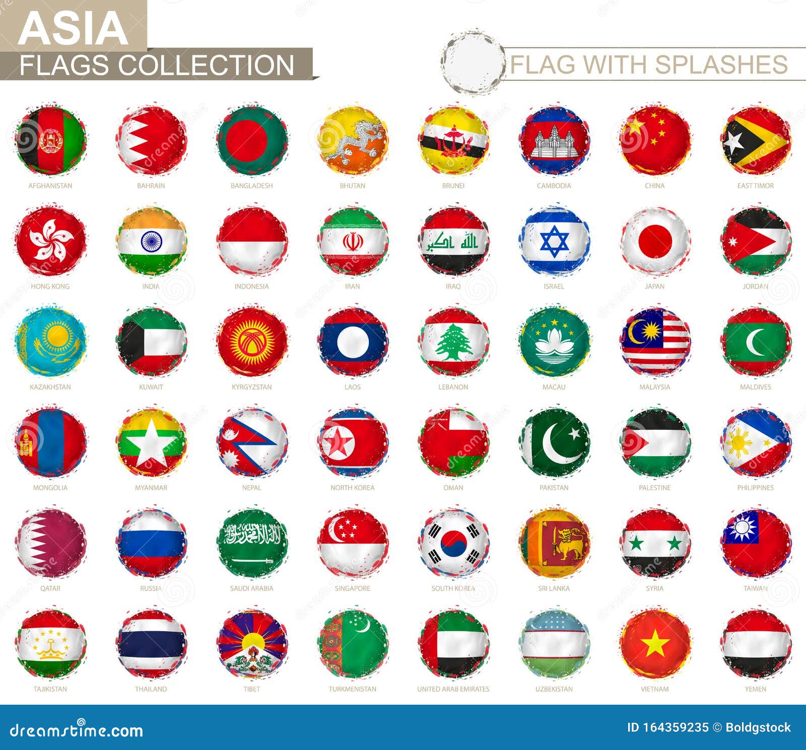 Flag Collection of Asia, Round Grunge Flag with Splashes Stock Vector ...