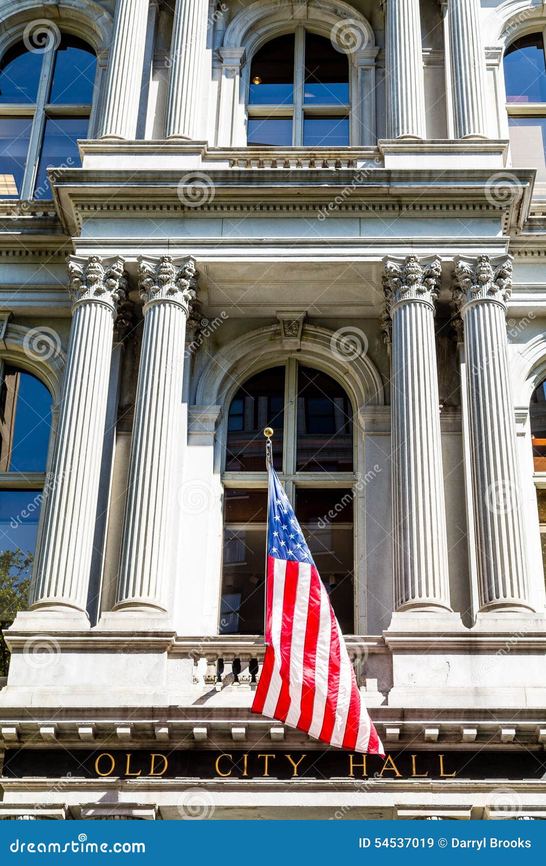 Flag and Columns on Old City Hall in Boston Stock Image - Image of ...