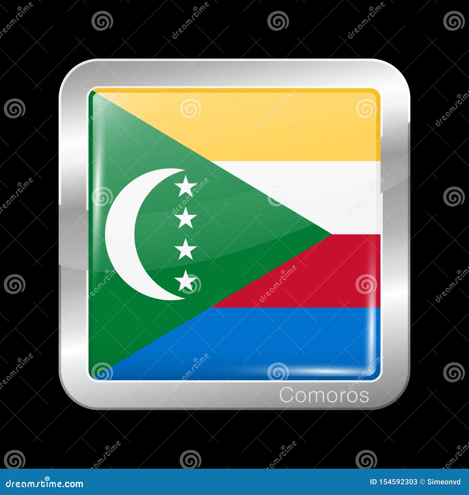 Flag of Comoros. Glossy and Metal Icon Square Shape Stock Vector ...