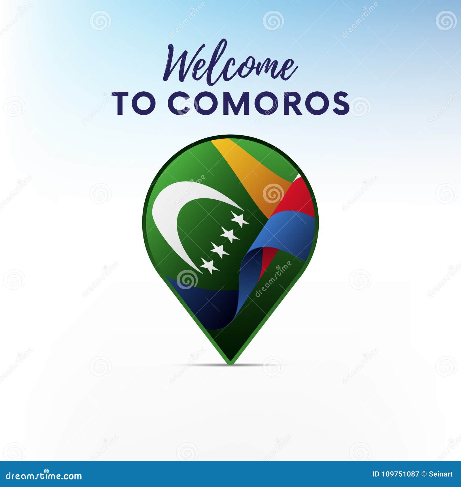 Flag of Comoros in Shape of Map Pointer or Marker. Welcome To Comoros. Vector Illustration ...