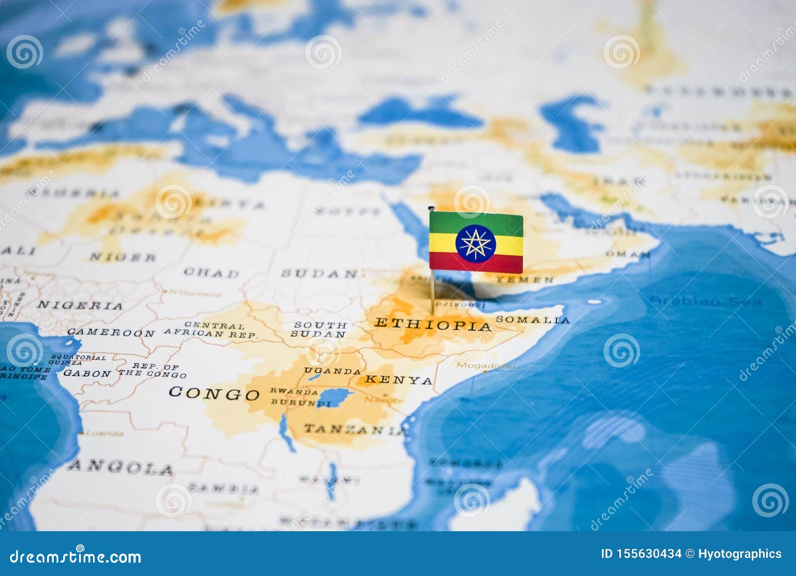 The Flag of Ethiopia in the World Map Stock Photo - Image of journey ...