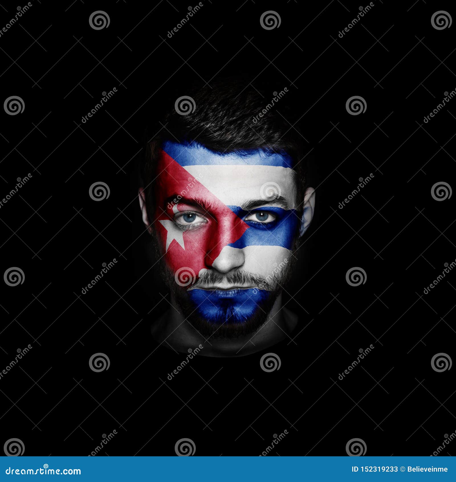 Flag of Cuba Painted on a Face of a Man. Stock Image - Image of ...