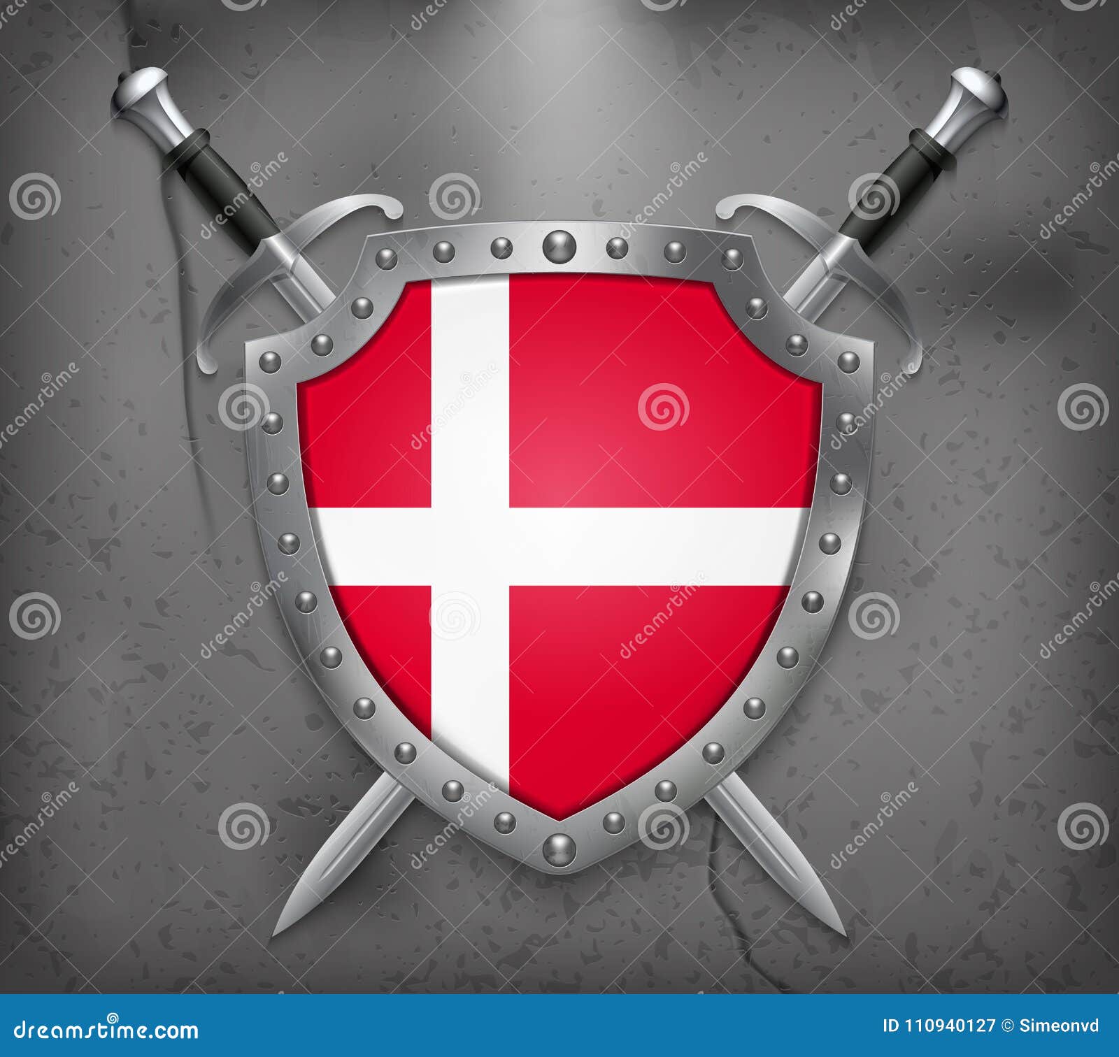 Flag of Denmark. the Shield with National Flag. Two Crossed Swords ...
