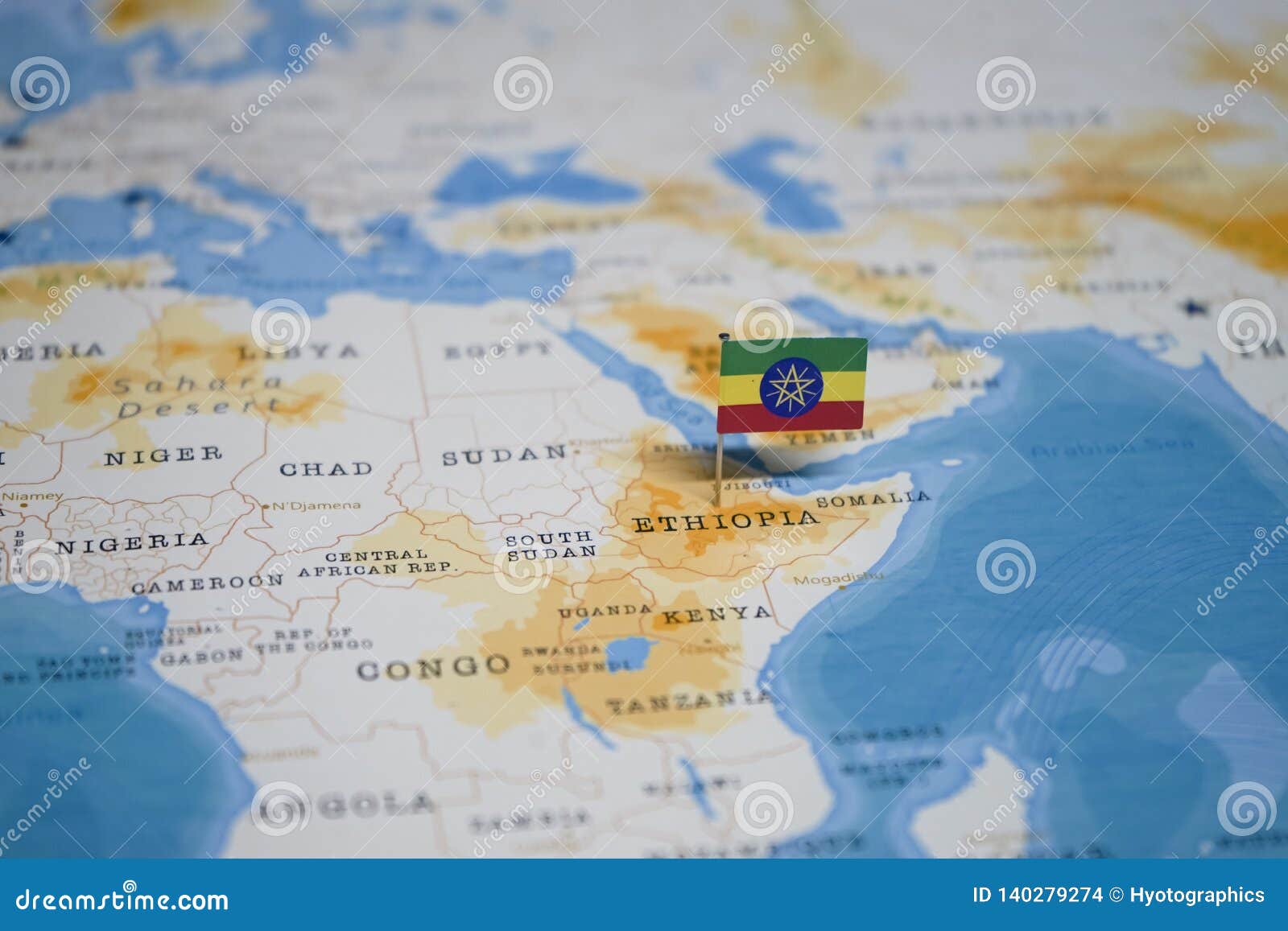 The Flag of Ethiopia in the World Map Stock Photo - Image of journey ...