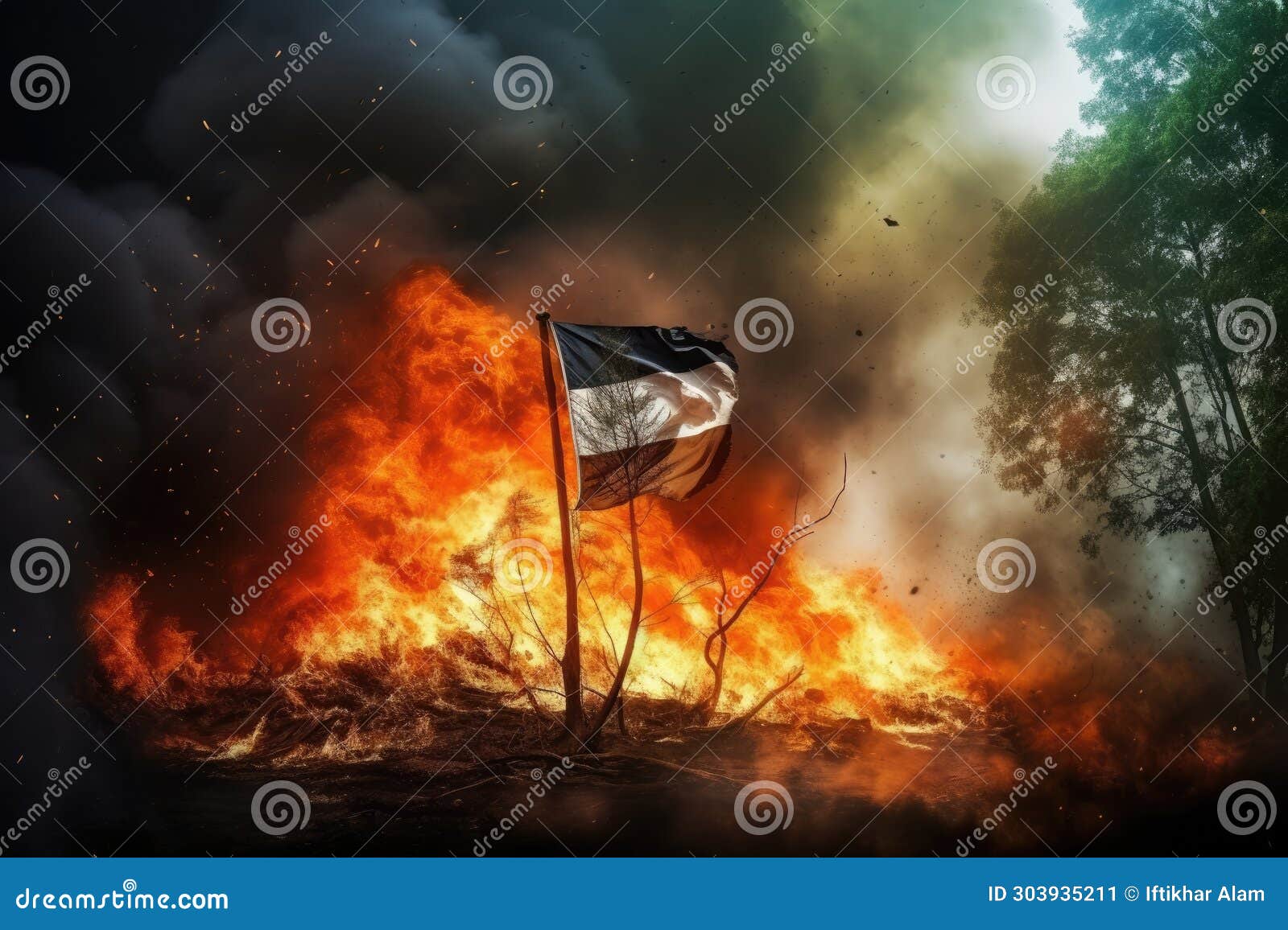 Flag Flying in Front of Large Fire, a Powerful Symbol of Unity and ...