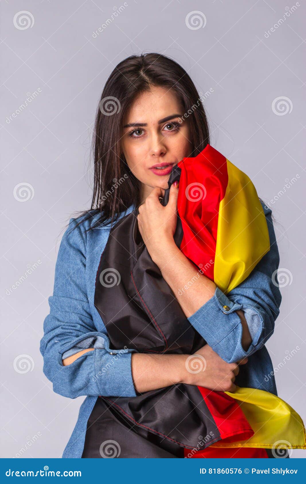 Flag of Germany in Hands of Sad Beautiful Woman. Stock Photo - Image of ...