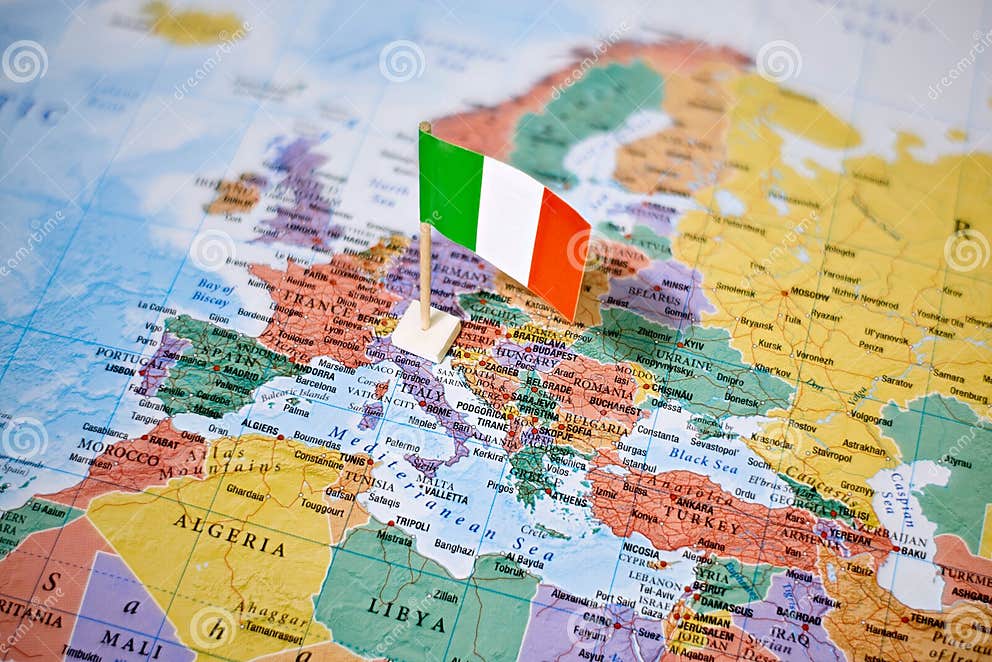 Italy on World Map with Flag Stock Photo - Image of place, location ...