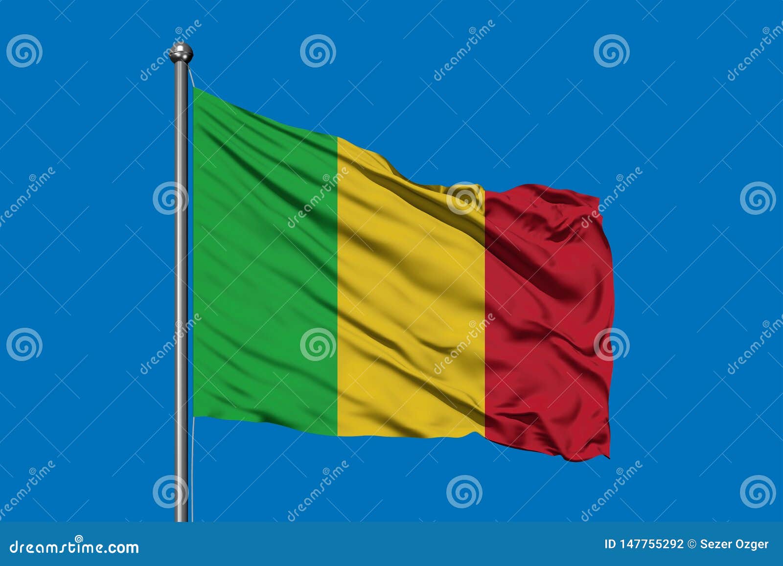 Flag of Mali Waving in the Wind Against Deep Blue Sky. Malian Flag ...