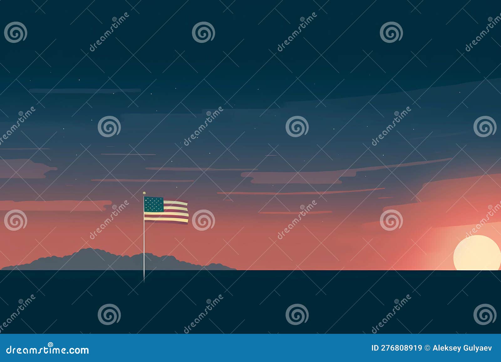 A Flag in the Middle of the Ocean with the Sun Setting Behind it. AI ...