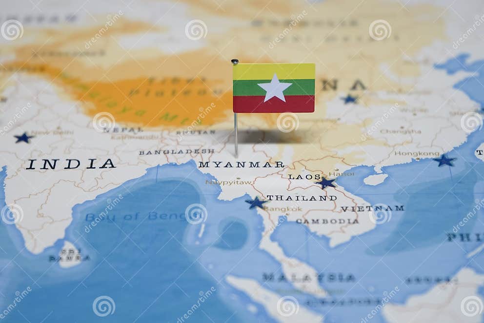The Flag of Myanmar in the World Map Stock Image - Image of arrival ...