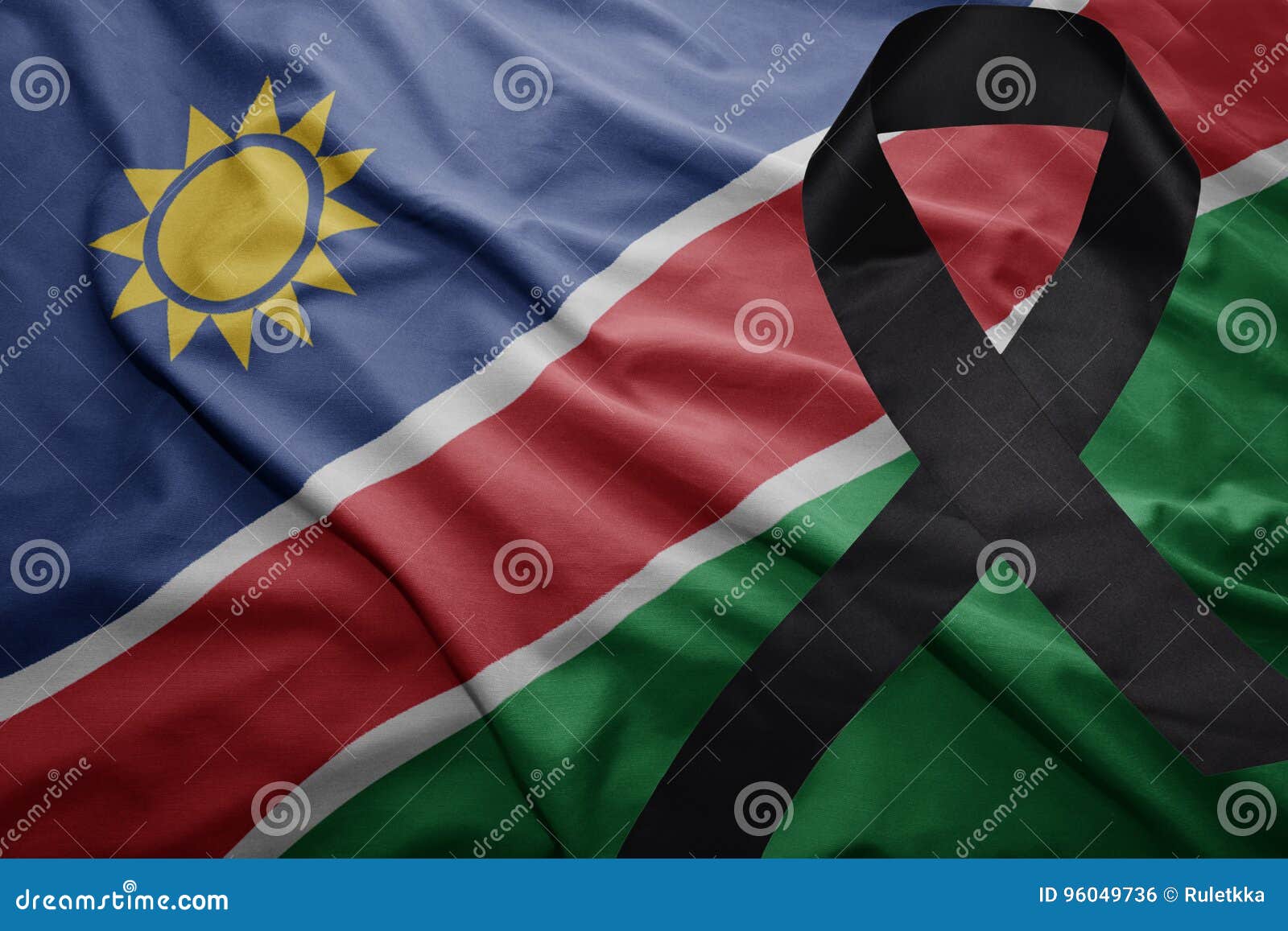 Flag of Namibia with Black Mourning Ribbon Stock Photo - Image of ...