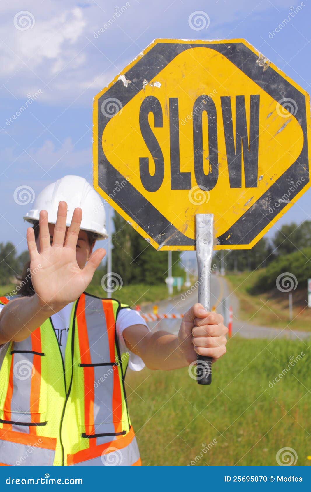 Flag Person Slowing Traffic Stock Photo - Image of holding, horizontal ...