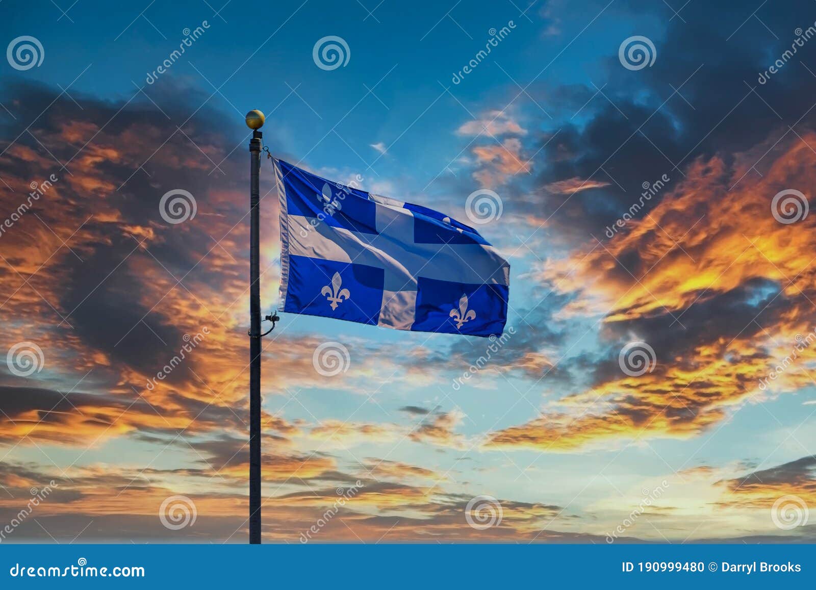 Quebec Flag on Sunset Sky stock photo. Image of vacation - 190999480