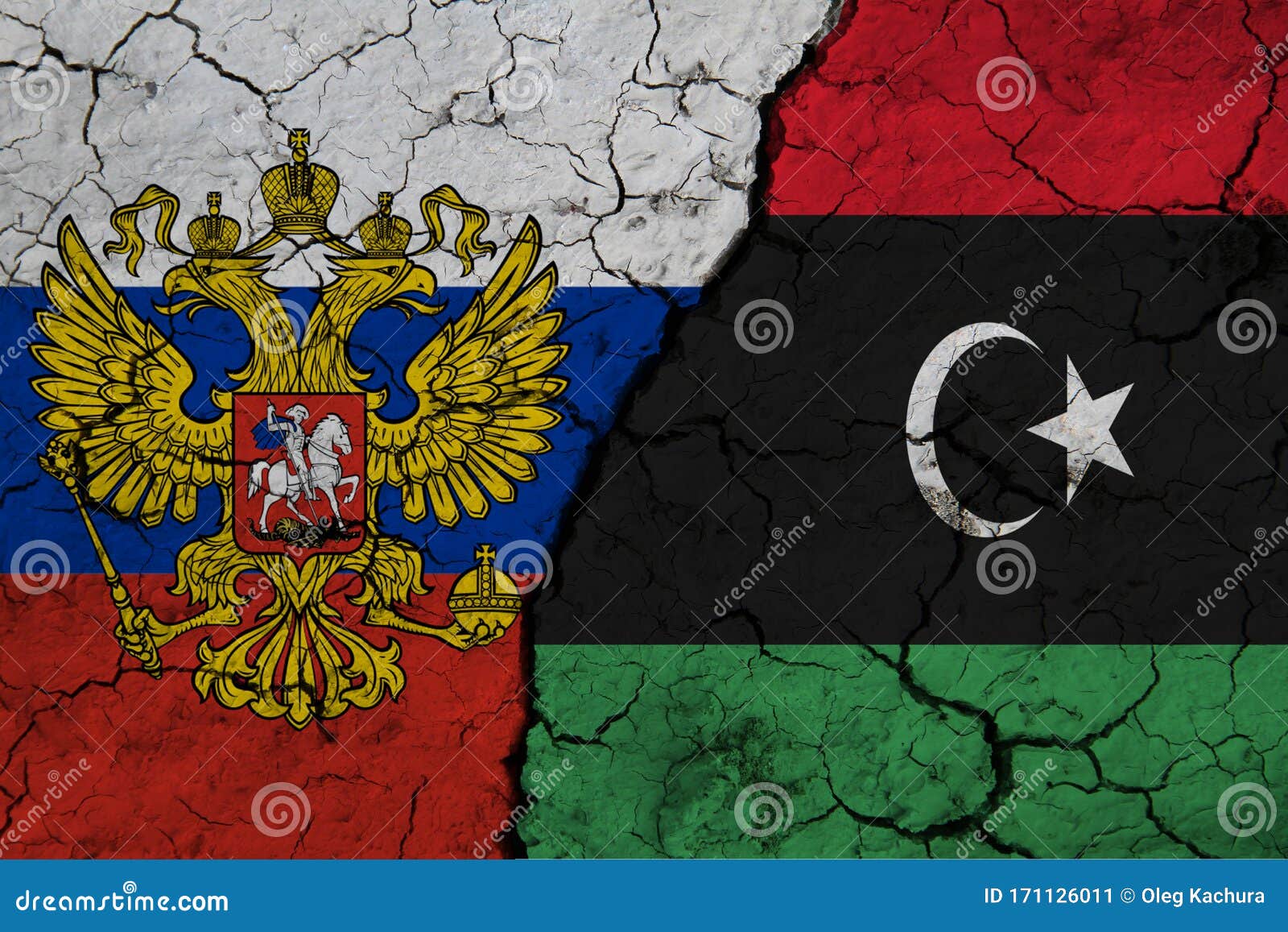 Flag of Russia and Libya on Textured Cracked Earth. the Concept of ...