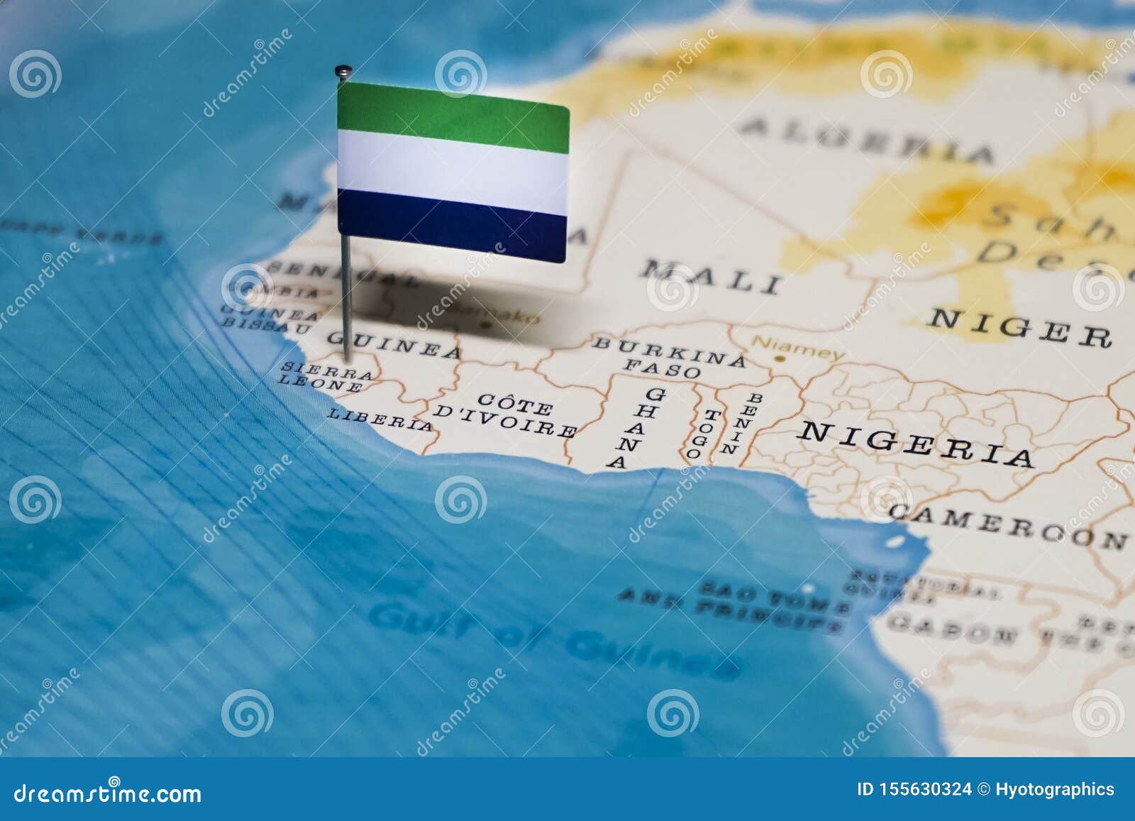 The Flag of Sierra Leone in the World Map Stock Photo - Image of nation ...