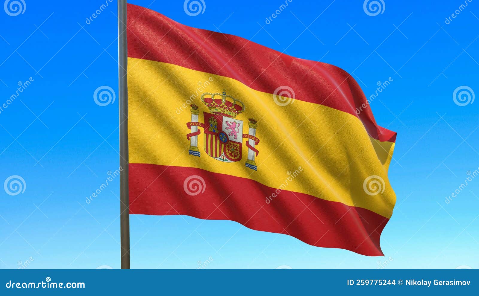 Flag of Spain Waving in the Wind on Flagpole Against the Sky 3d ...