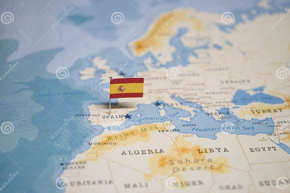 The Flag of Spain in the World Map Stock Image - Image of destination ...