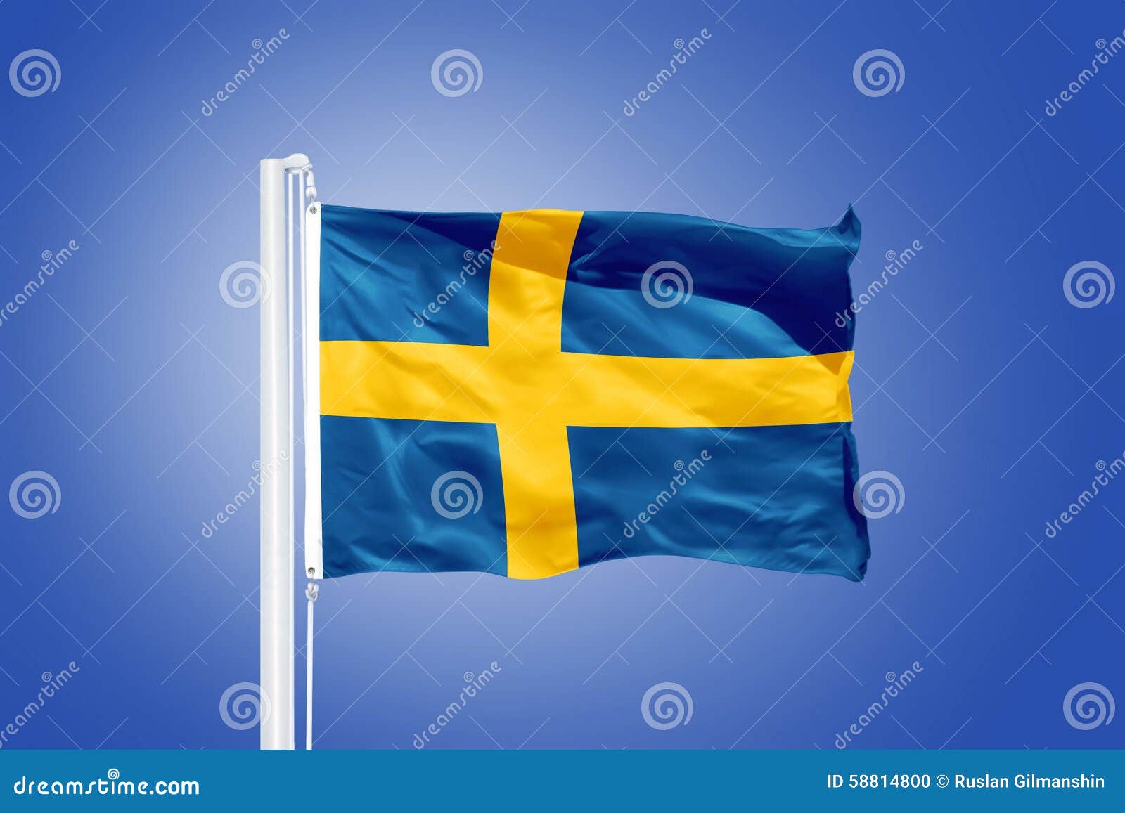 Flag of Sweden Flying Against a Blue Sky Stock Photo - Image of fabric ...