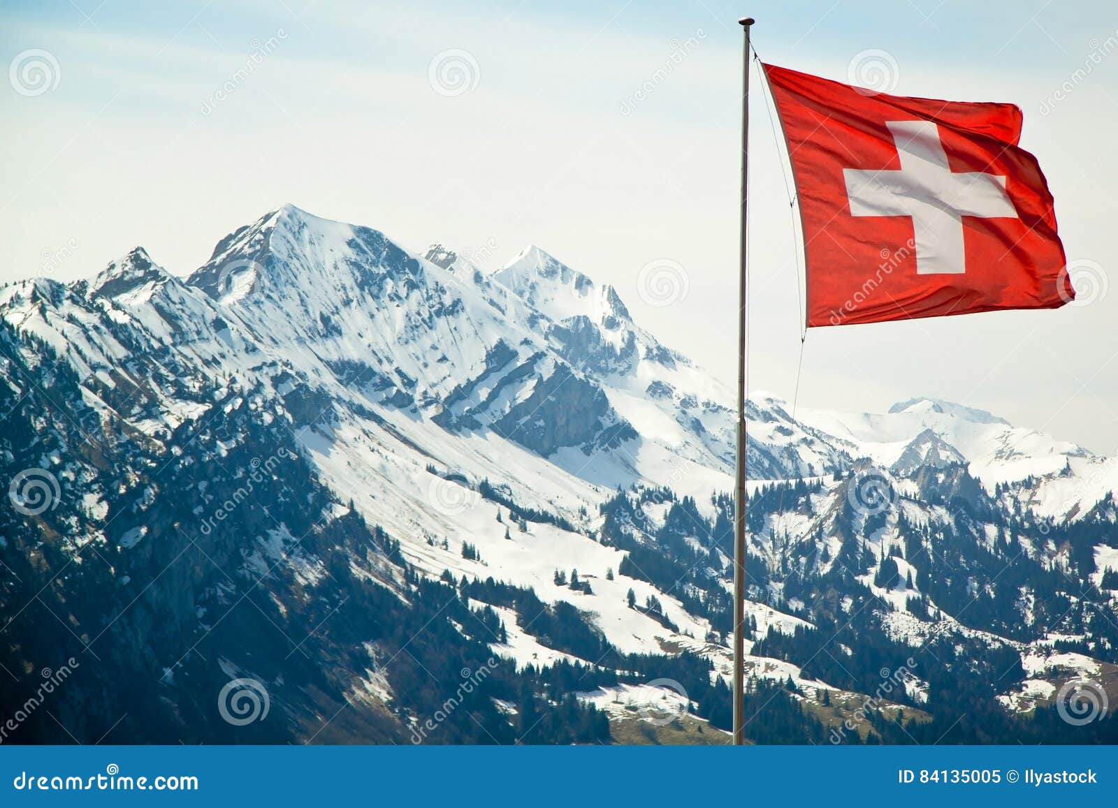 Flag of Switzerland on the Alps Mountains Landscape Background Stock ...