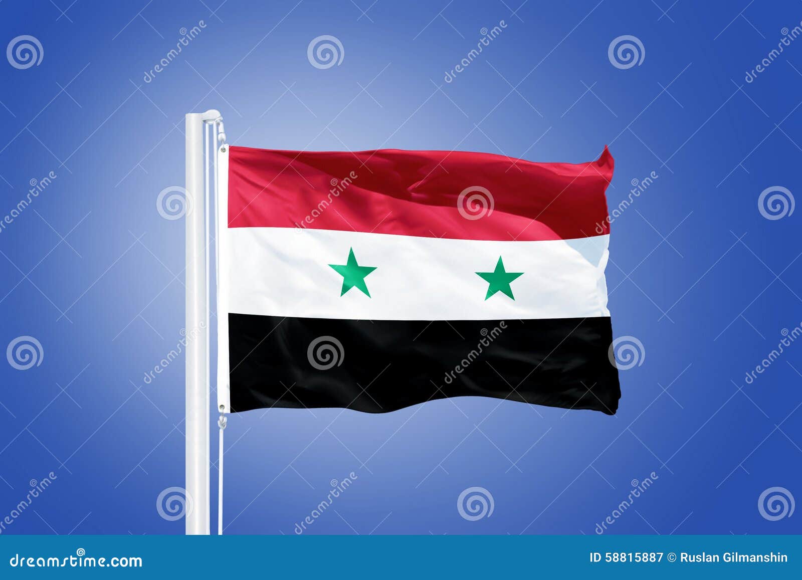 Flag of Syria Flying Against a Blue Sky Stock Image - Image of emblem ...