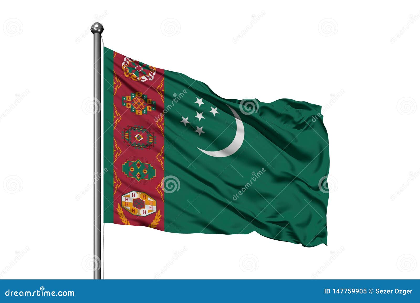 Flag Of Turkmenistan Waving In The Wind Isolated White Background