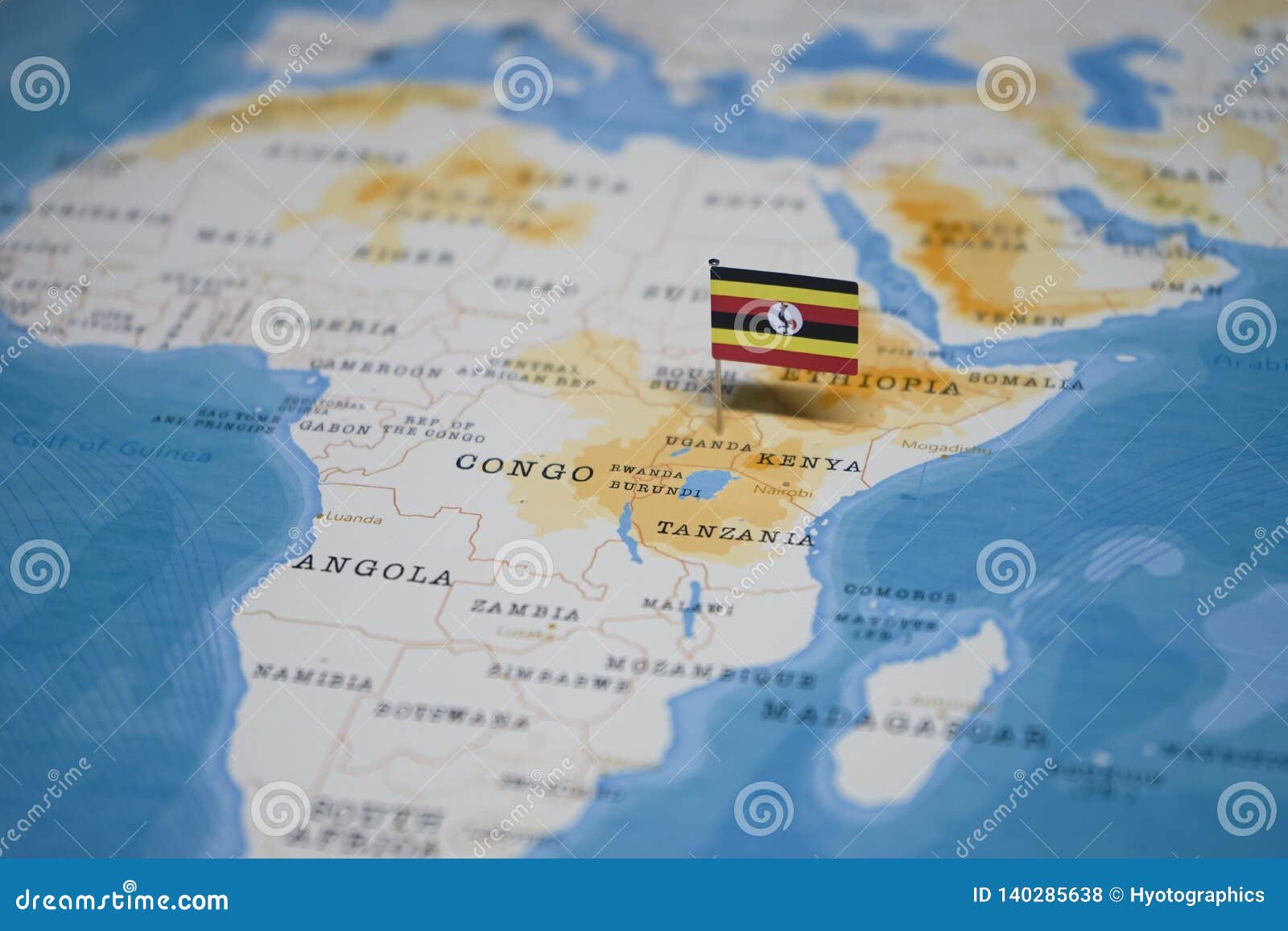 The Flag of Uganda in the World Map Stock Photo - Image of cities ...
