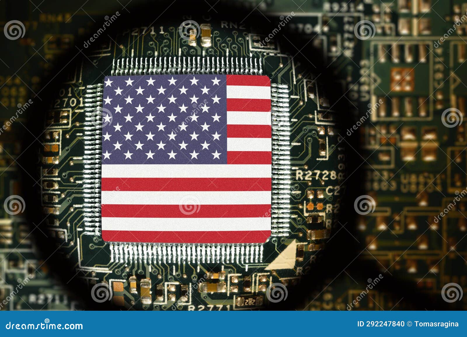 Flag of United States of America on a Processor. Computer Board with ...