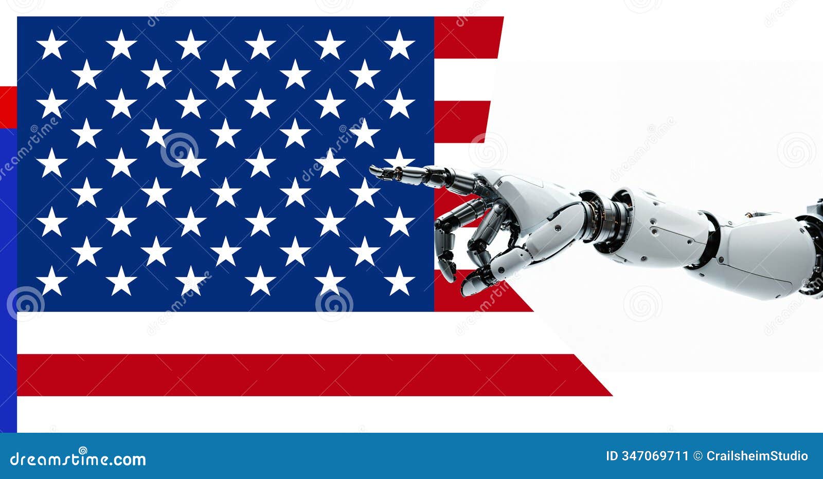 Flag of the United States of America and Robot Arm with Hand Pointing ...
