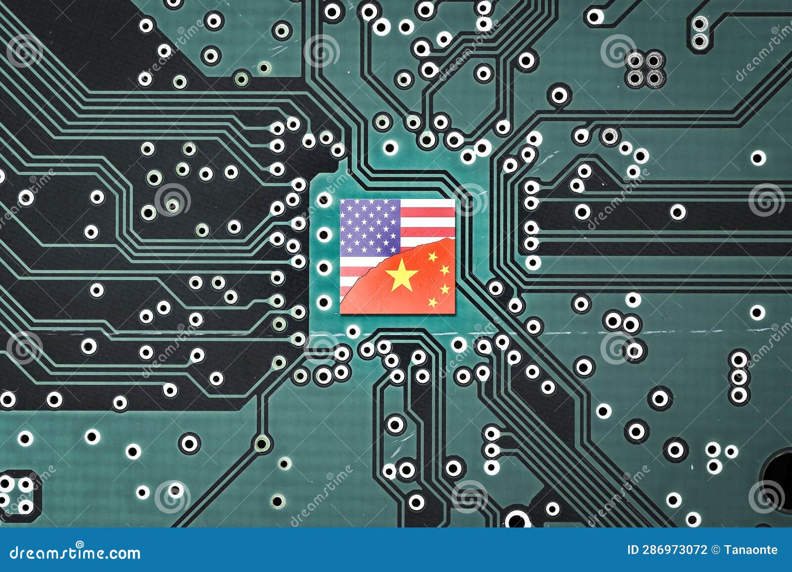 Tech War between China and the USA. Flag of USA and China on a ...