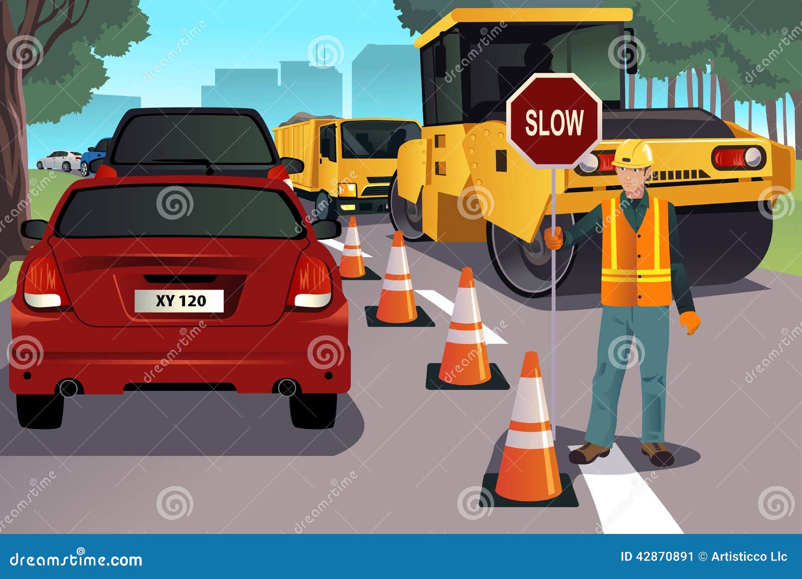 Flagger Working on Road Construction Stock Vector - Illustration of ...
