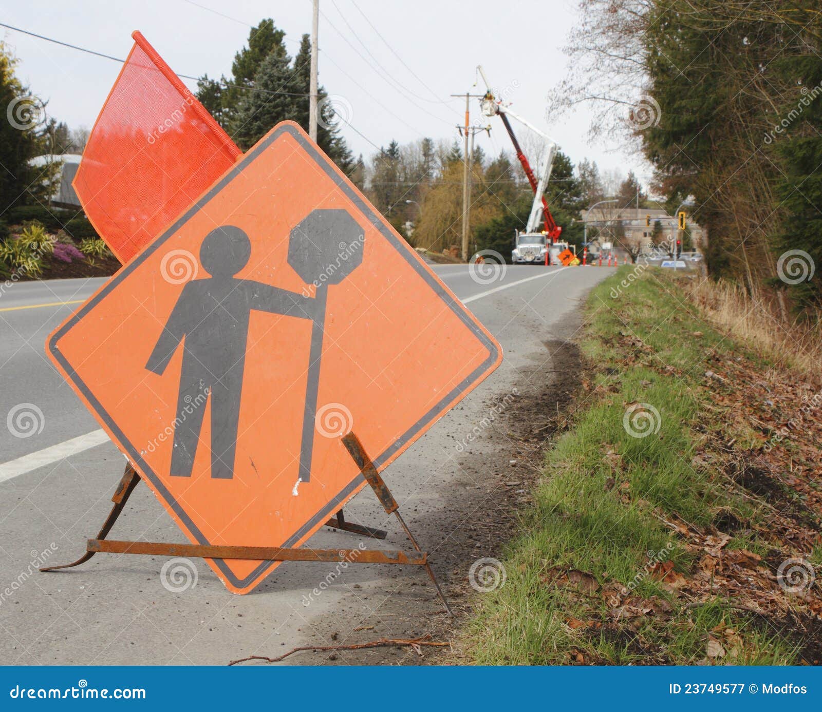 Flagman Ahead Sign stock image. Image of street, sign - 23749577
