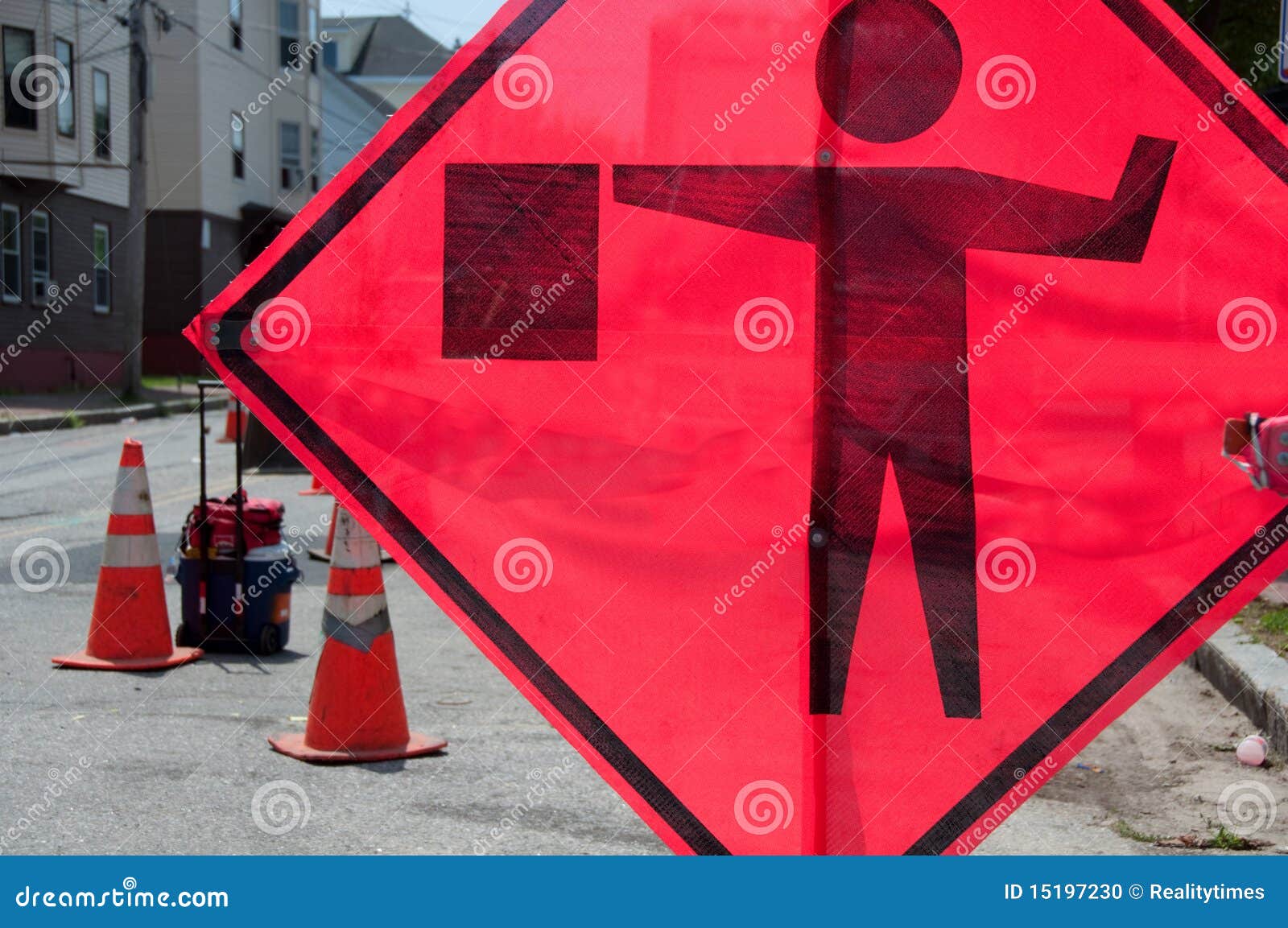 Flagman Sign at Construction Site Stock Photo - Image of screen, street ...