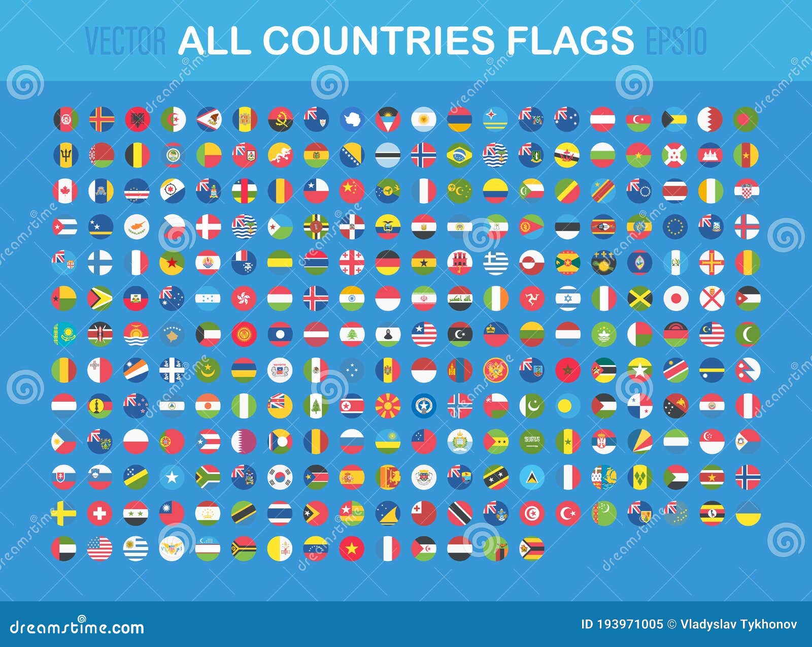 Flags of All Countries Round Web Buttons in Flat. Vector EPS 10 Stock ...