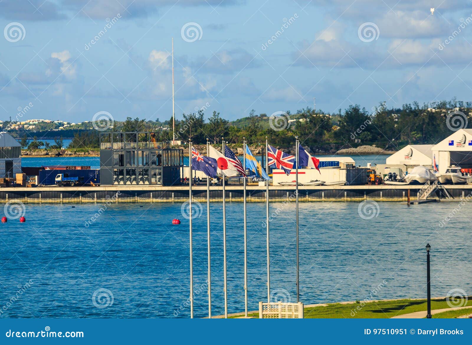 Flags in Bermuda Harbor stock image. Image of destination - 97510951