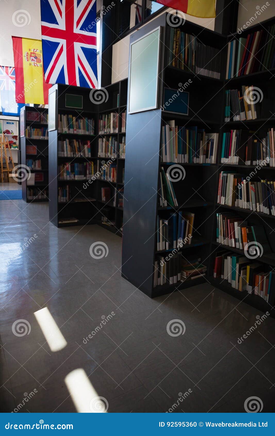 Flags by Bookshelf in Library Stock Photo - Image of stack, bookshelf ...