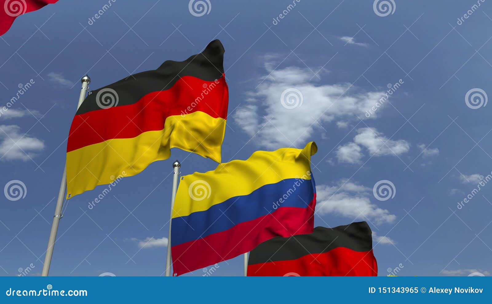 Flags of Colombia and Germany Against Blue Sky, 3D Rendering Stock ...