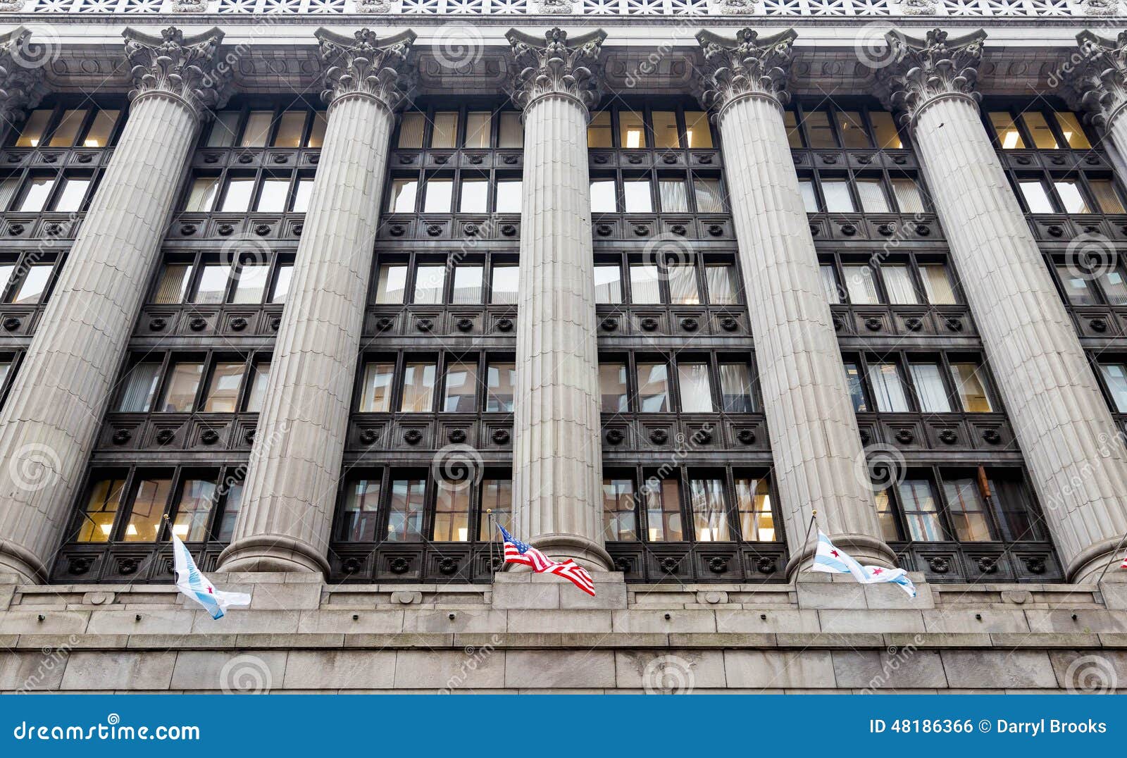 Flags and Columns on Massive Chicago Building Stock Photo - Image of ...