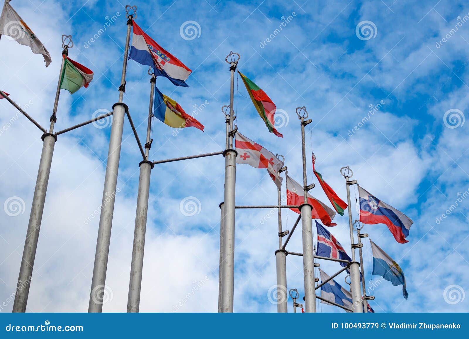 Flags of Different Countries on Blue Sky Background Stock Image - Image ...