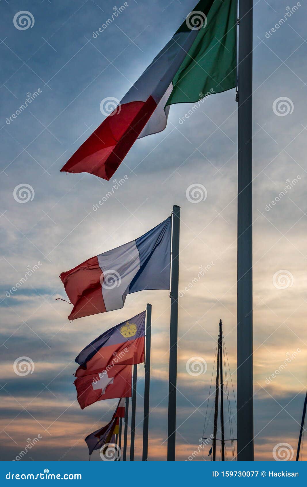 Flags of Different Countries and a Golden Sunset Stock Image - Image of ...