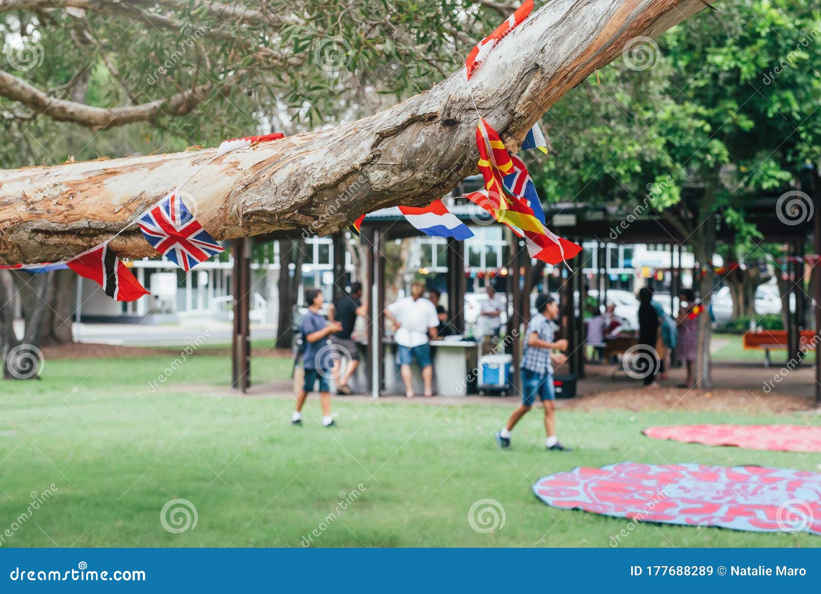 Flags of Different Countries in the Tree Branch with Blured People in ...