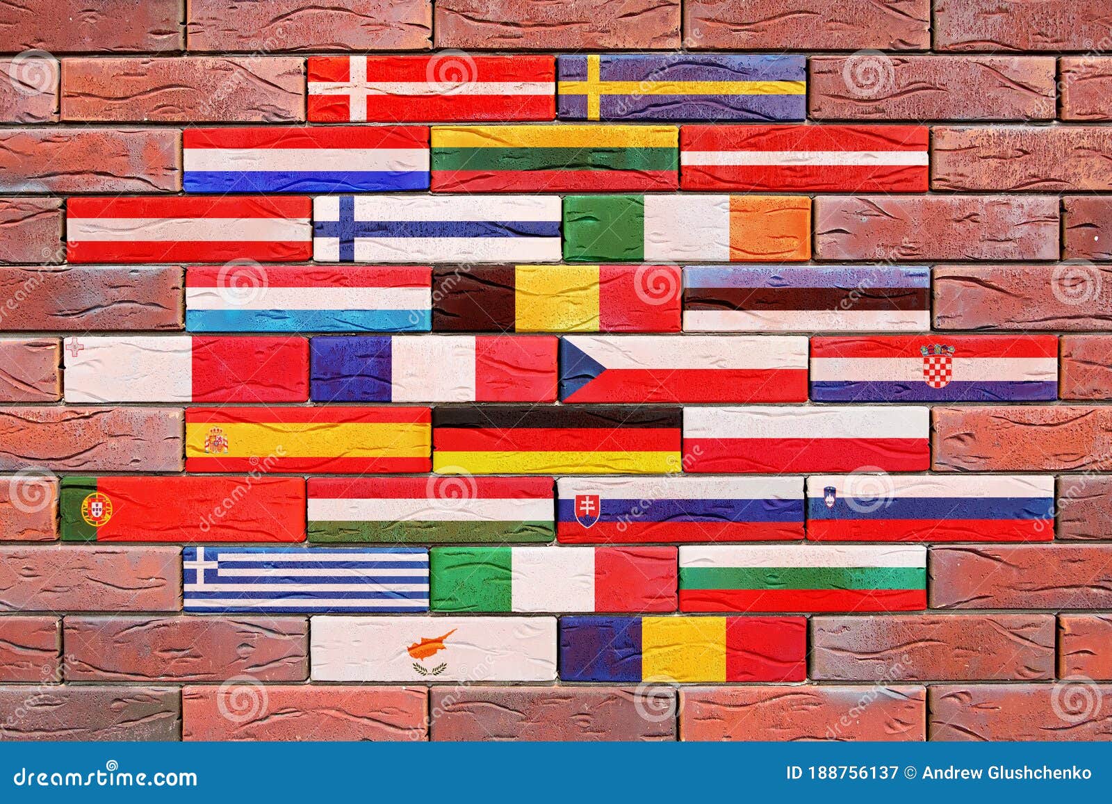 Flags of the EU Countries on the Brick Wall. a Wall of Bricks with ...