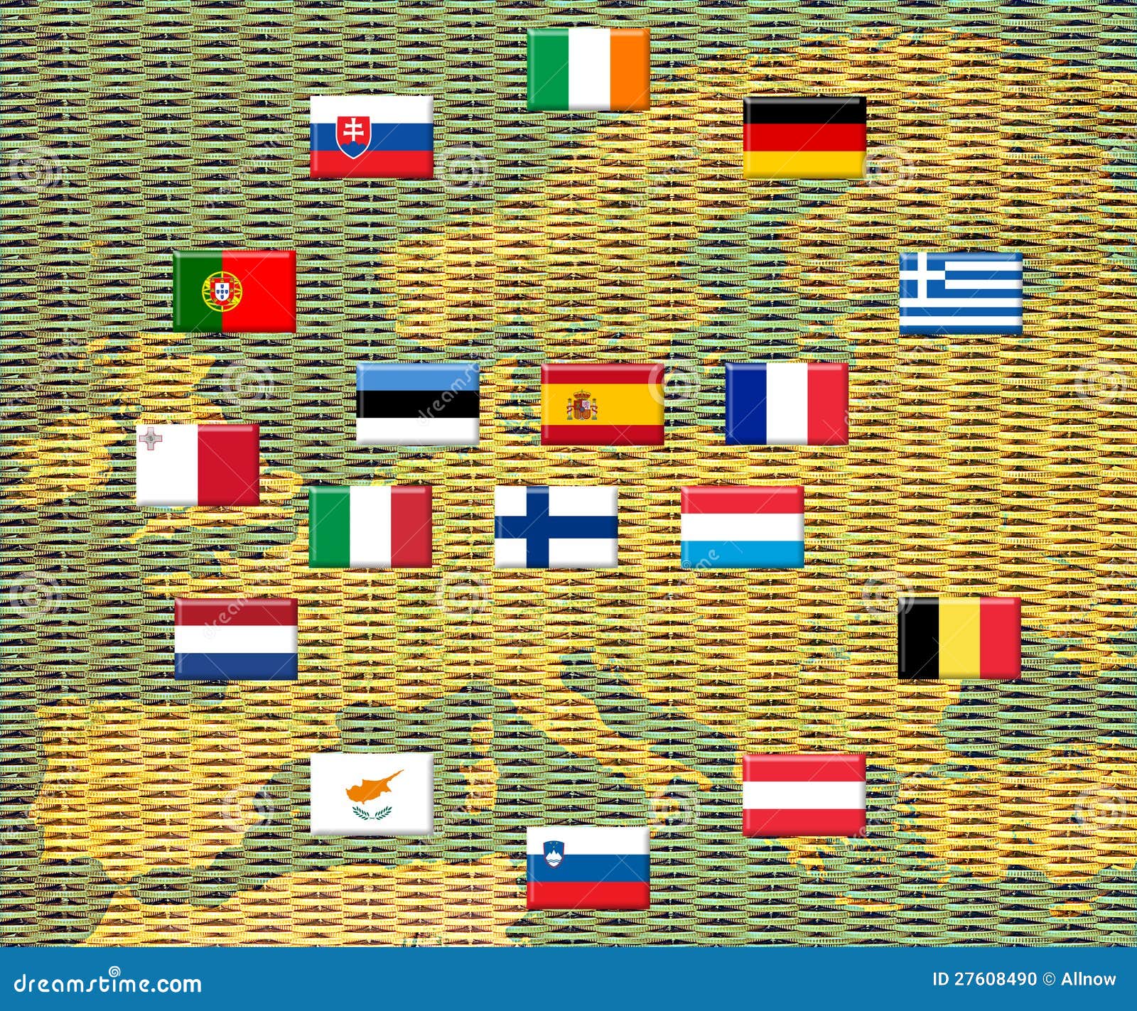 Flags of Eurozone Countries Against Piles of Coins Stock Illustration ...
