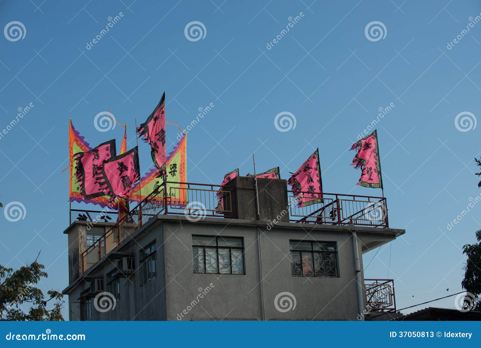 Flags Flying in Chinese Style Stock Image - Image of flying, building ...