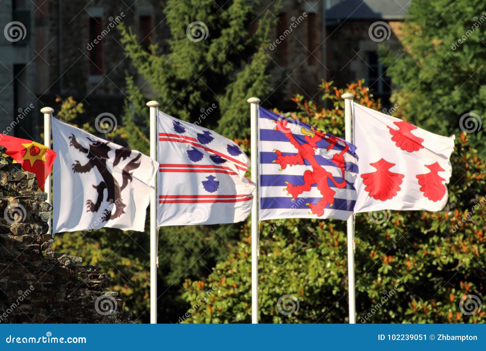 Flags blowing in the wind stock image. Image of castle - 102239051