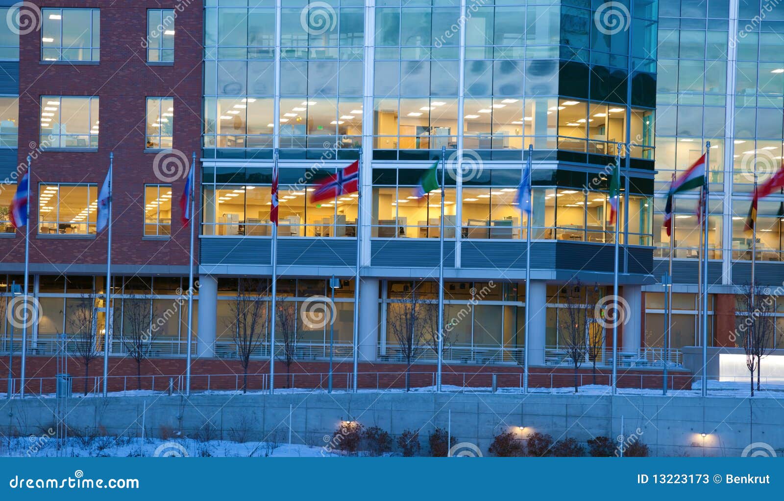 Flags in Front of the Office Building Stock Image - Image of blue ...