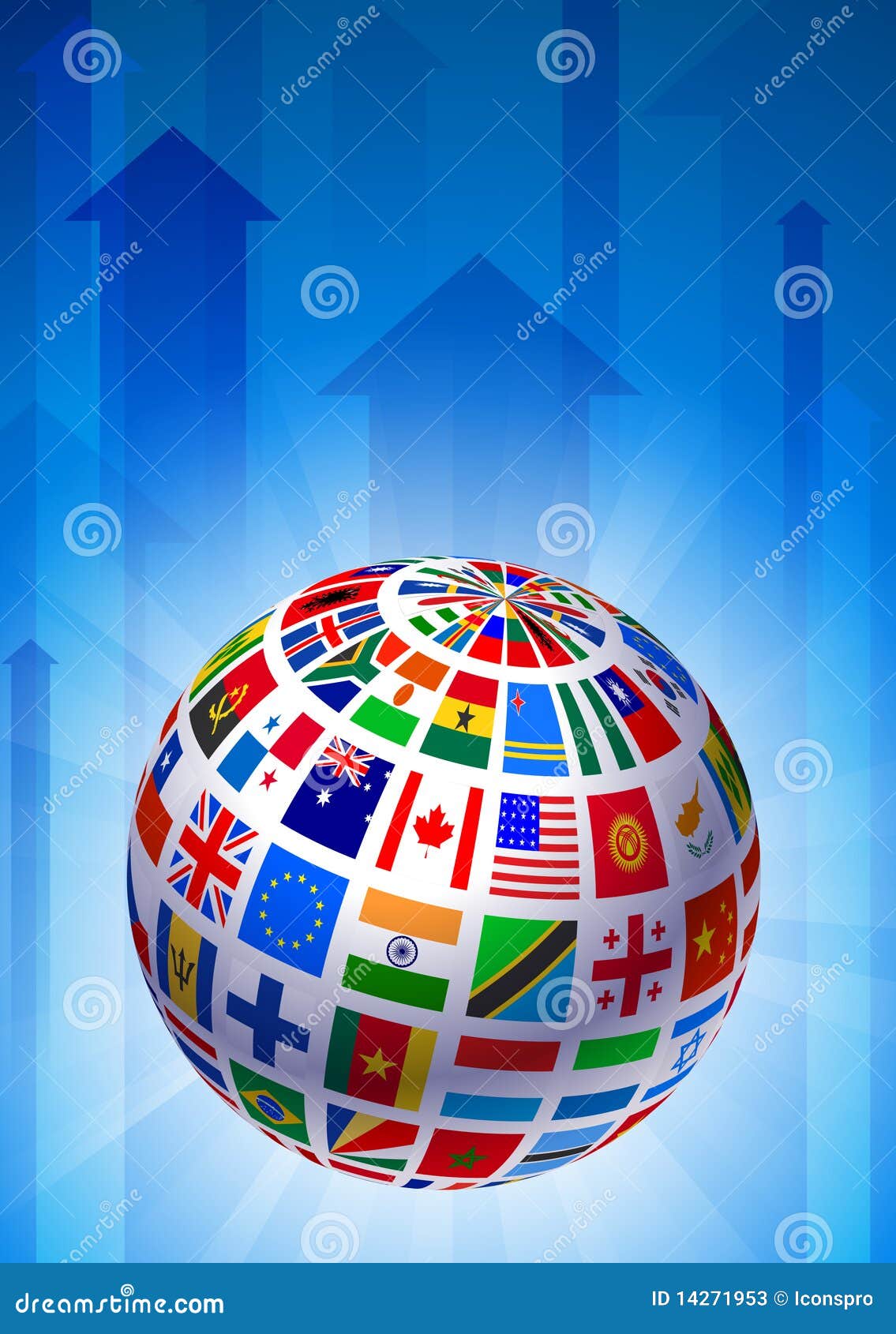 Flags Globe on Blue Arrow Background Stock Illustration - Illustration ...