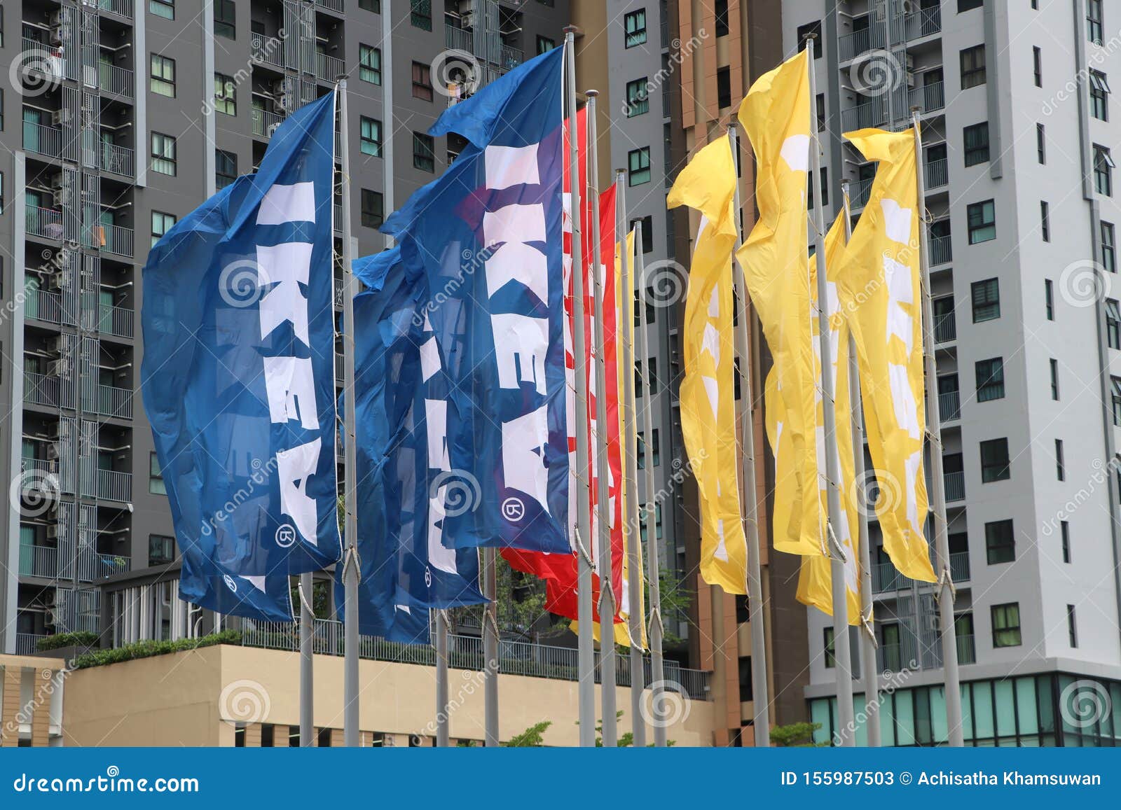 Flags of IKEA in Yellow Blue and Red Color by the Wind on Building ... Flags of IKEA in Yellow Blue and Red Color by the Wind on Building ...