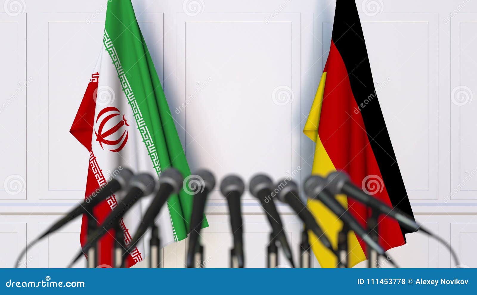 Flags of Iran and Germany at International Meeting or Conference. 3D ...